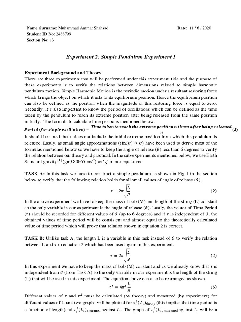 Experiment 2: Simple Pendulum Experiment I: Experiment Background and ...