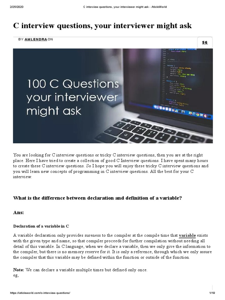 1 C Interview Questions, Your Interviewer Might Ask - AticleWorld 1 | PDF | Pointer (Computer ...
