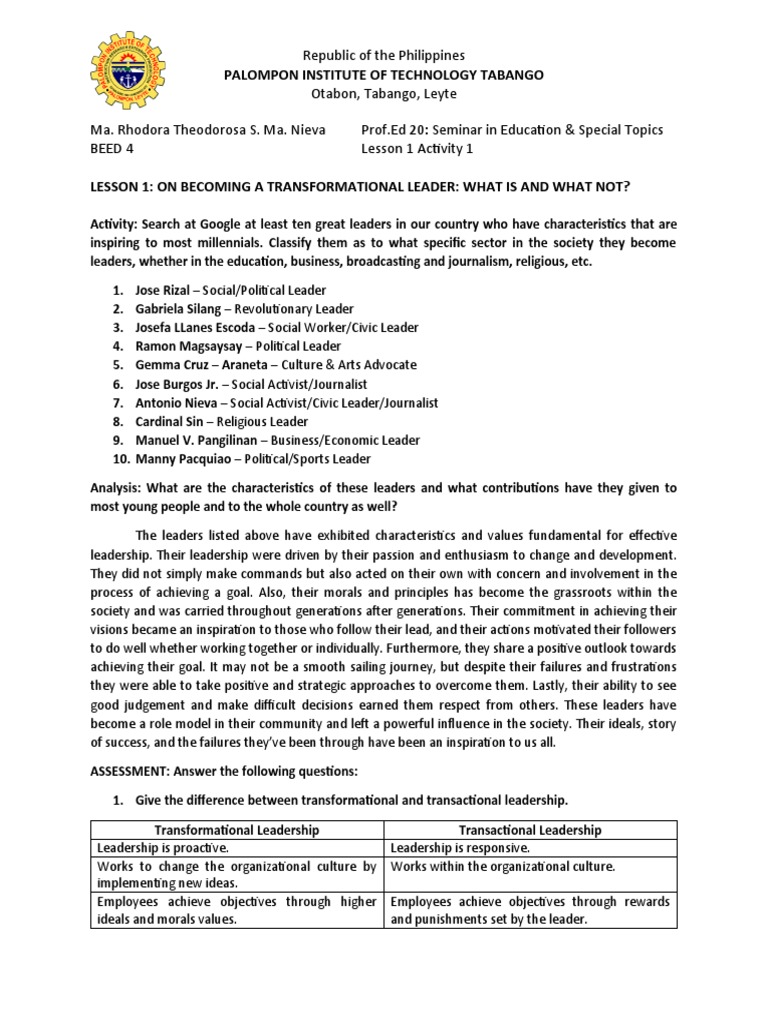Lesson 1 Activity Answer | PDF | Transformational Leadership | Leadership