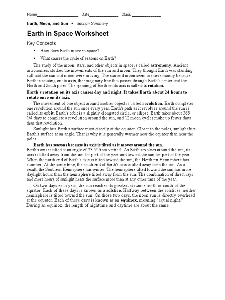 Earth in Space Worksheet | PDF | Equator | Earth