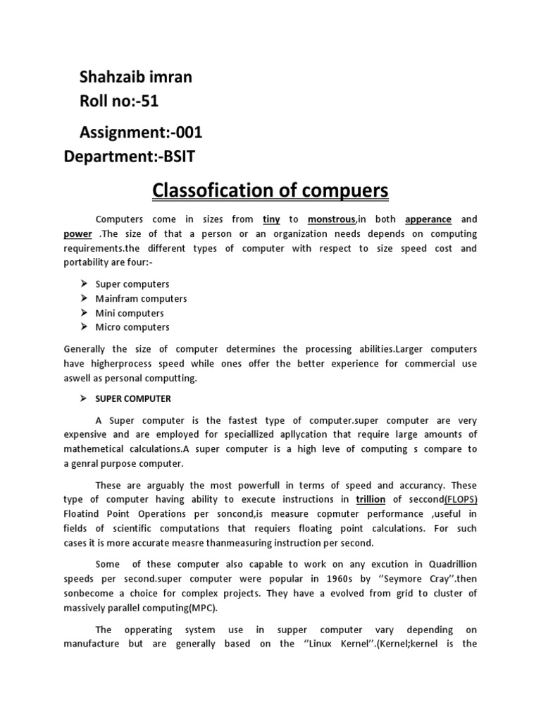 Classofication of Compuers: Shahzaib Imran Roll No:-51 Assignment:-001 Department:-BSIT | PDF ...