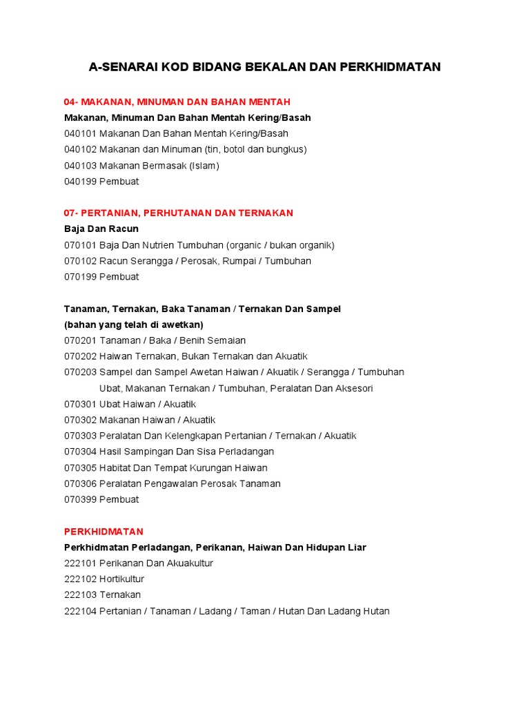 Senarai Kod Bidang Perkhidmatan 2023 | PDF | Memasak, Makanan, & Anggur ...