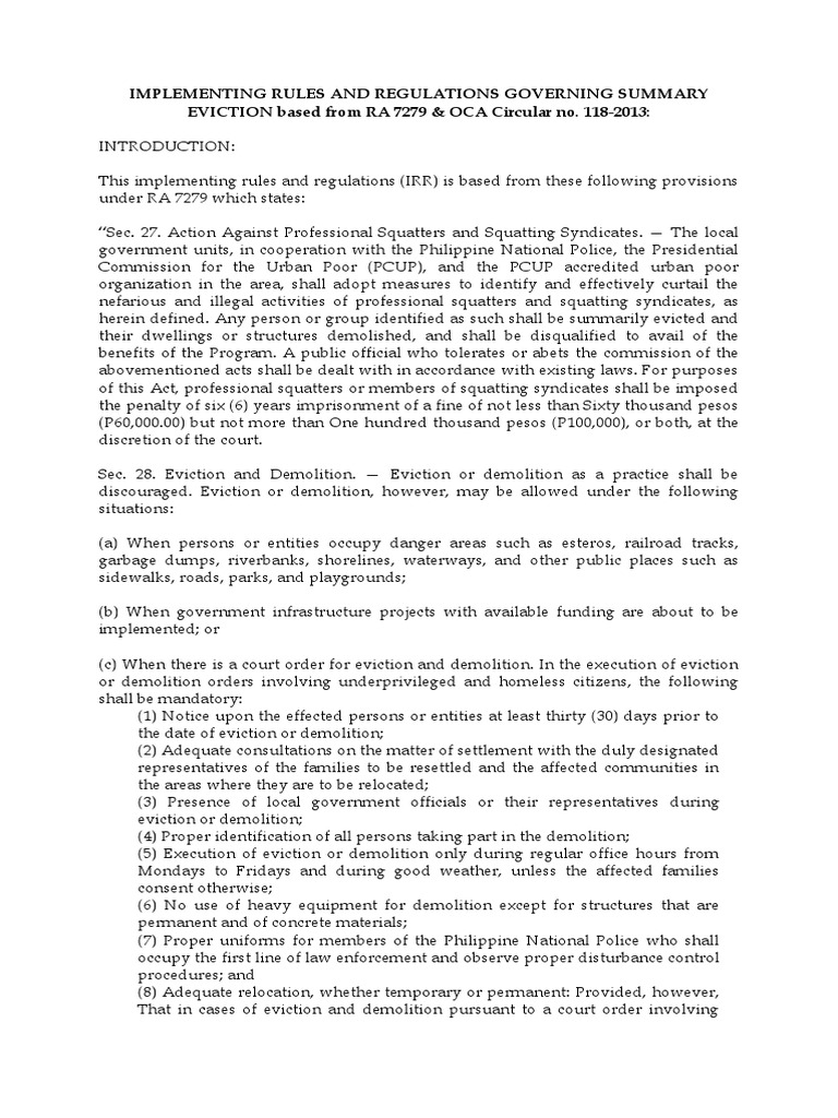 Implementing Rules and Regulations Governing Summary Eviction Based ...