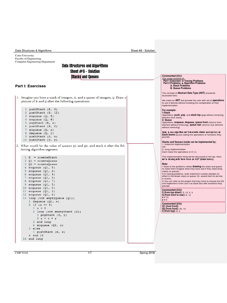 Sheet6 - Stacks and Queues - S2018 - Solution | PDF | Queue (Abstract Data Type) | Formal Methods