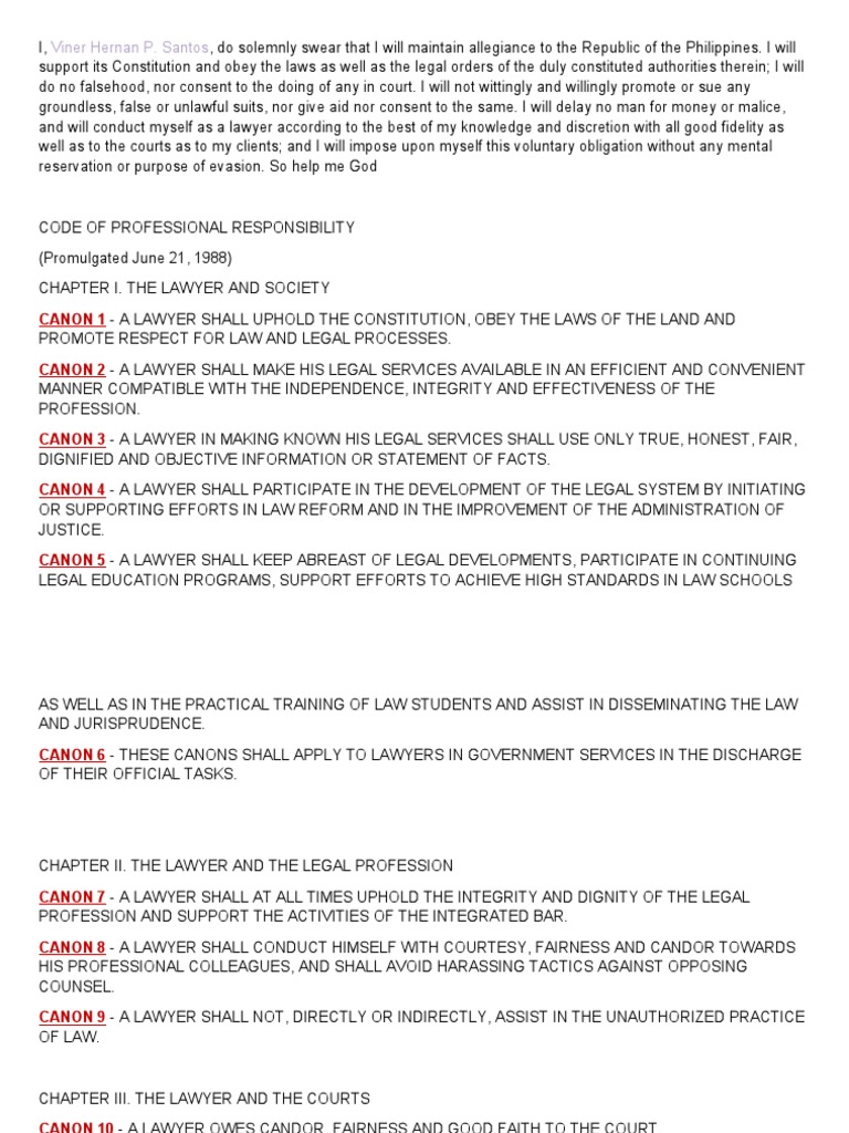 Oath of Allegiance and Code of Professional Responsibility for Lawyers ...