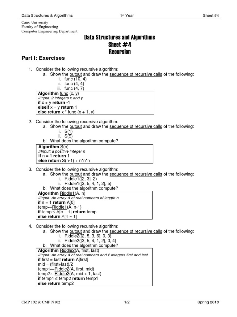 Data Structures And Algorithms Sheet 4 Recursion Part I Exercises Pdf Algorithms String 3183