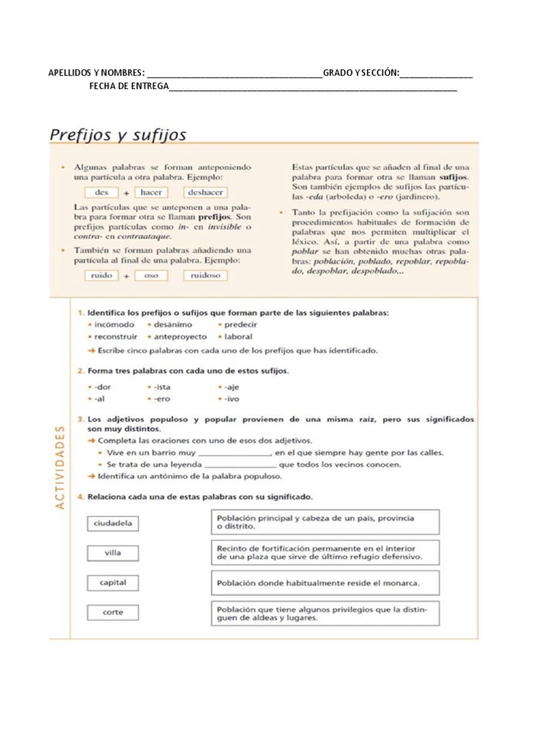 Actividad de Refuerzo de Prefijos y Sufijos. | PDF