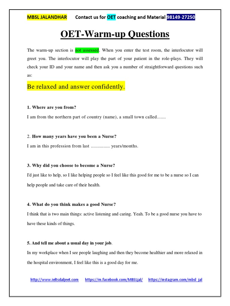 OET Warm Up Questions | PDF