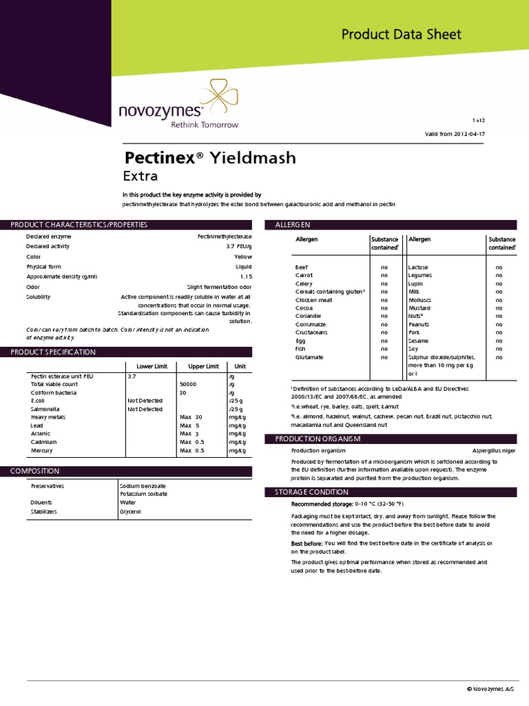 PDS Pectinex Yieldmash Extra | PDF | Hazard Analysis And Critical ...