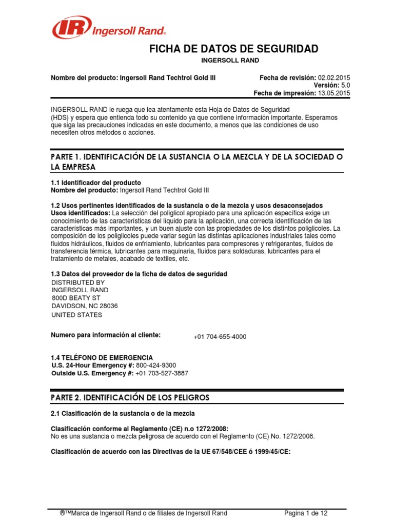 Ingersoll Rand Techtrol Gold III MSDS | PDF | Reacciones químicas | Agua