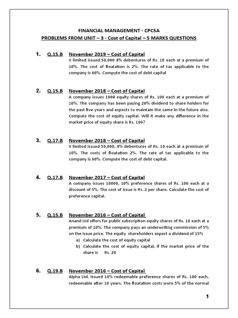 Financial Management PROBLEMS FROM UNIT - 3 | PDF | Cost Of Capital ...