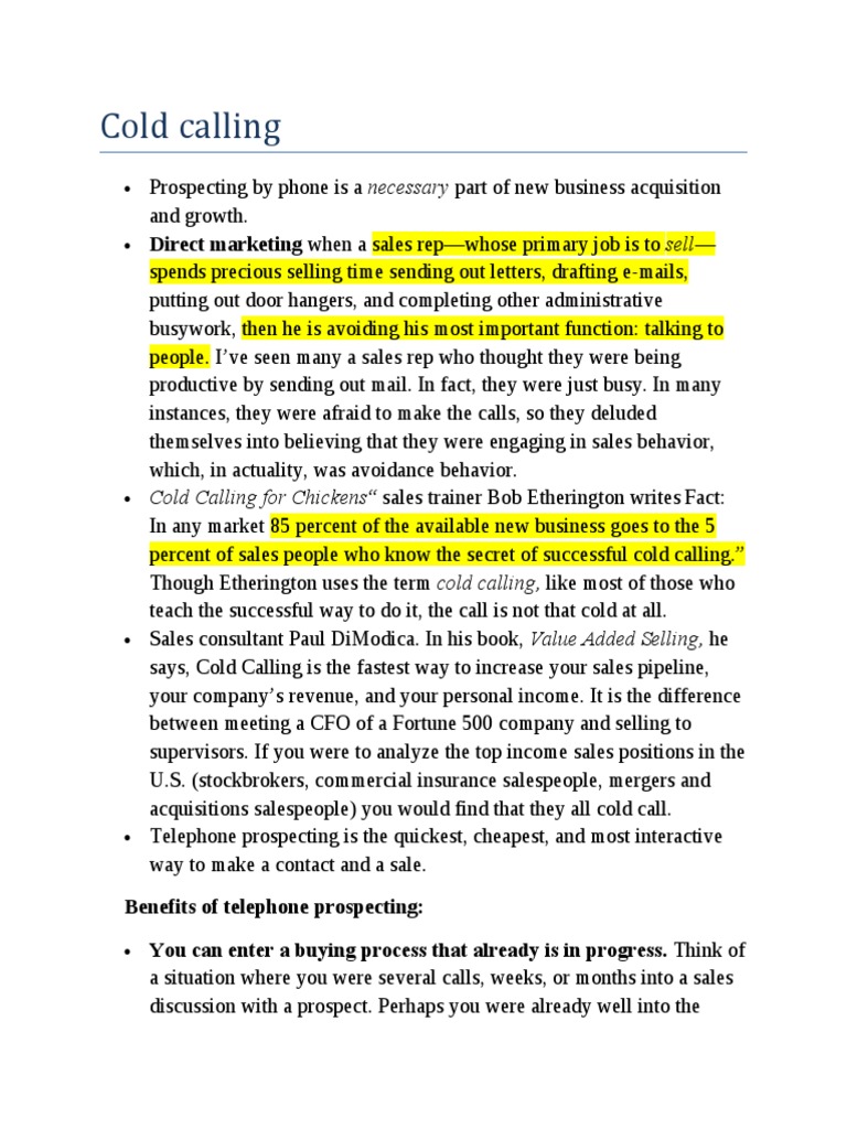 Cold Calling: Direct Marketing When A Sales Rep-Whose Primary Job Is To ...