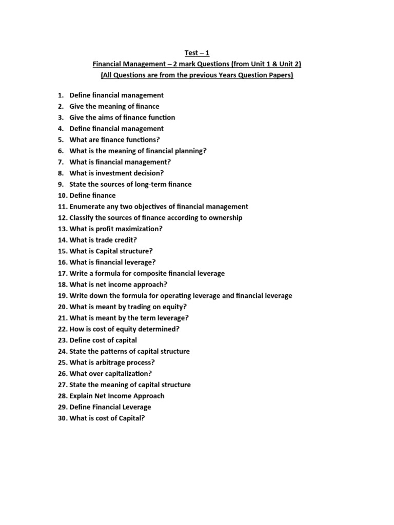 Financial Management 2 Mark Questions | PDF | Business