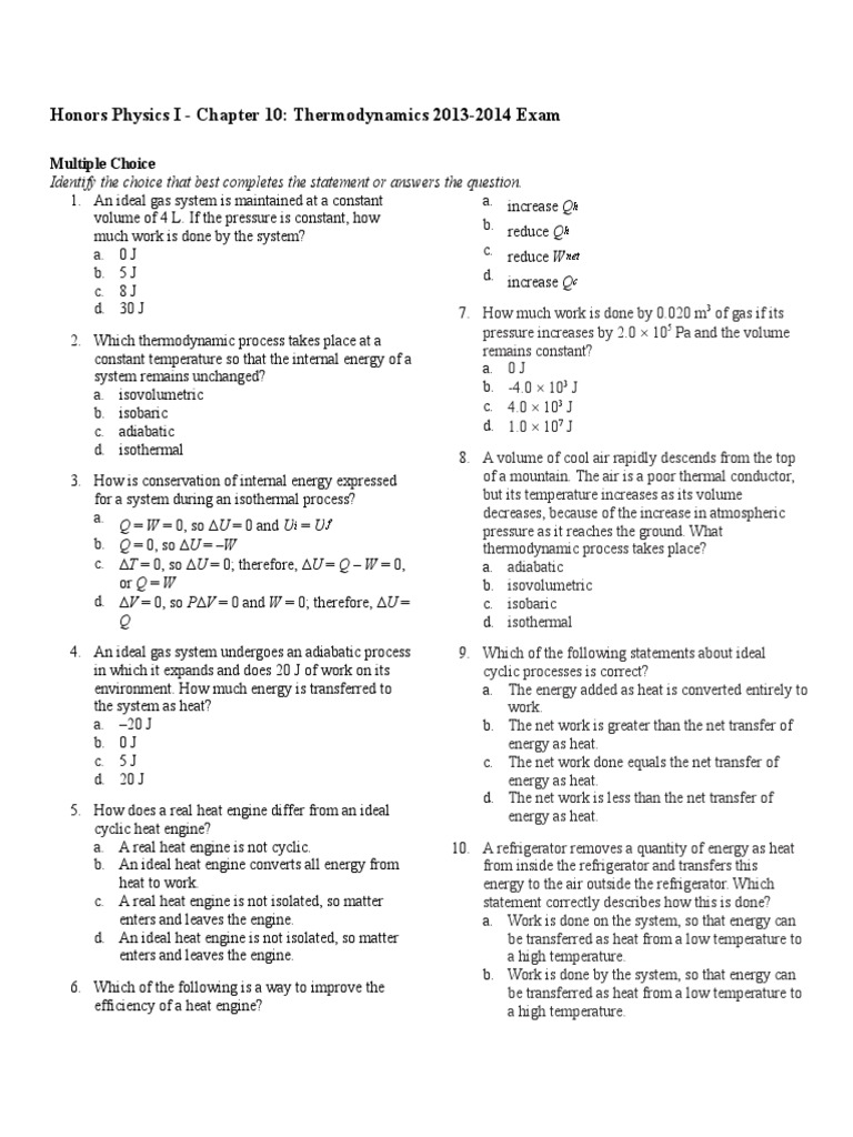 Thermodynamics Exam Review Questions | PDF | Heat | Temperature