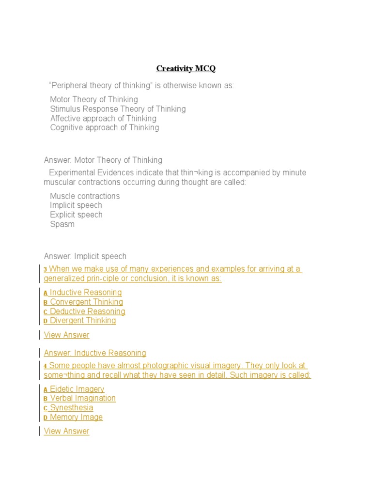 Creativity MCQ | PDF | Thought | Reason