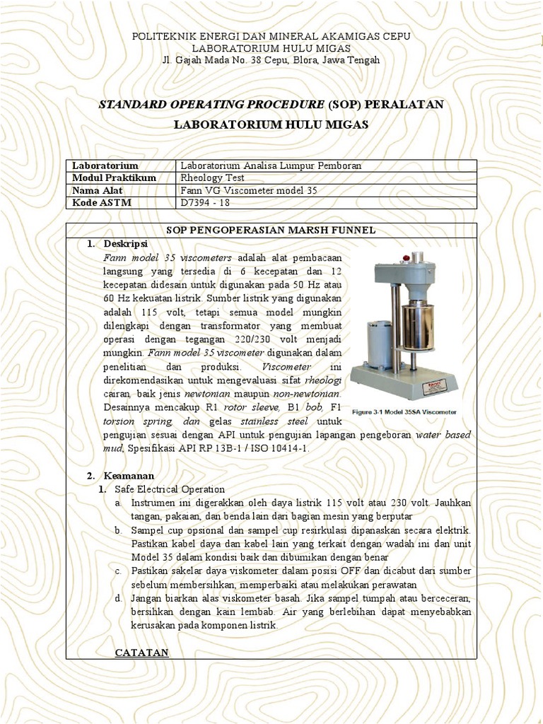 SOP Pengoperasian Fann VG Viscometer | PDF | Griya & Taman | Teknologi & Rekayasa