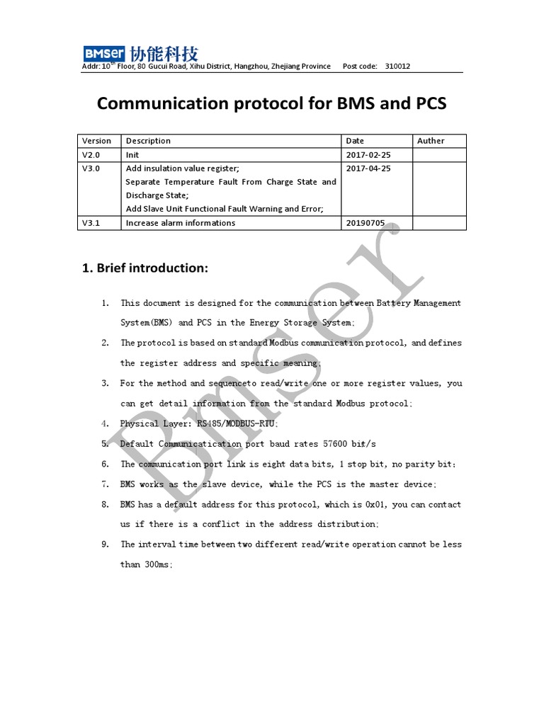 New RS485 MODBUS Based Communication Protocol Between BMS and PCS V2.1 - 20190323 | PDF ...