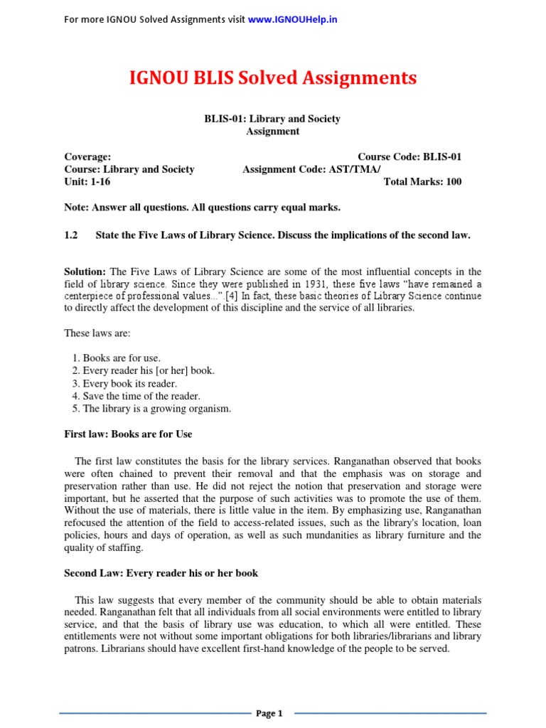 IGNOU BLIS Solved Assignments | PDF | Librarian | Libraries