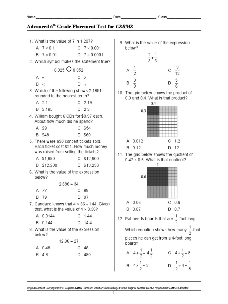 Advanced 6 Grade Placement Test For CSRMS | PDF | Euclidean Geometry ...