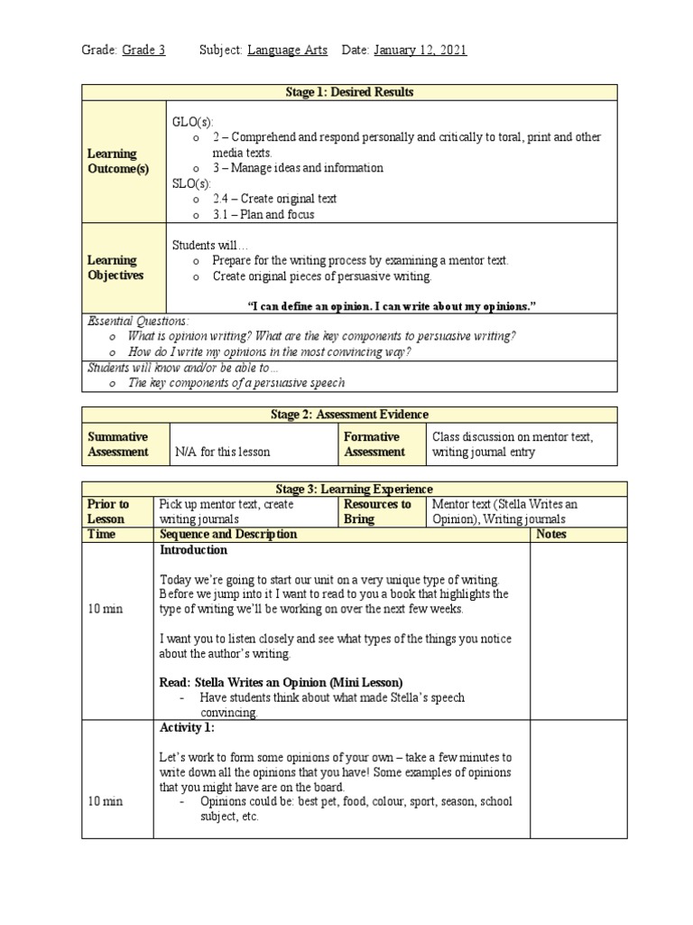 Opinion Writing Day 1 | PDF | Lesson Plan | Human Communication
