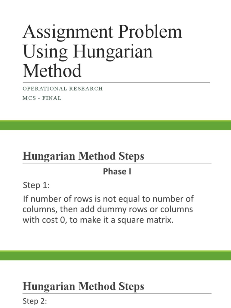 Assignment Problem Using Hungarian Method | PDF | Mathematical Analysis | Combinatorics