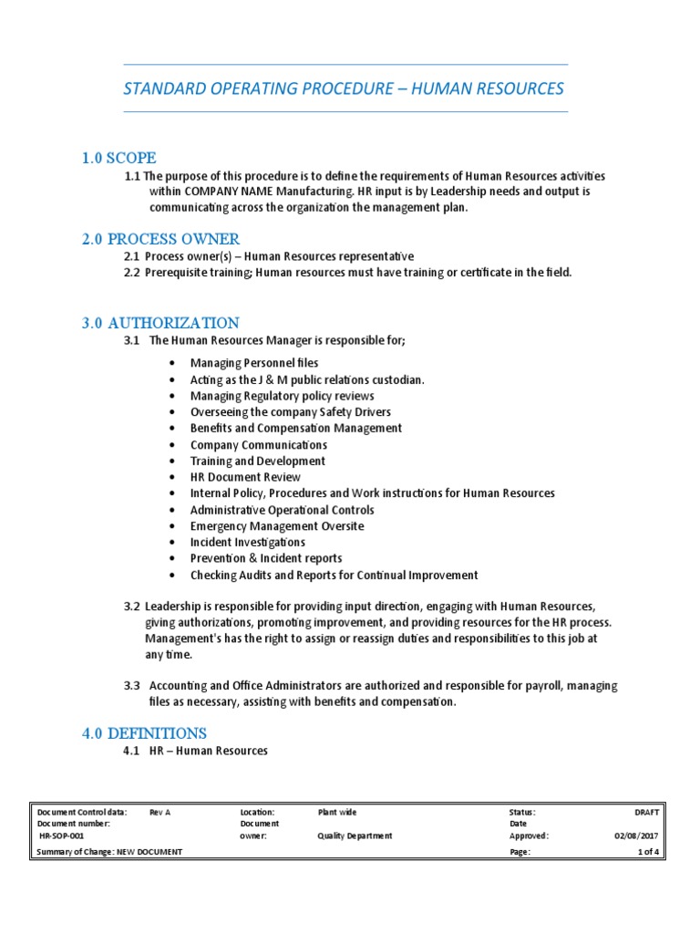Standard Operating Procedure - Human Resources: 1.0 SCOPE | PDF | Human ...