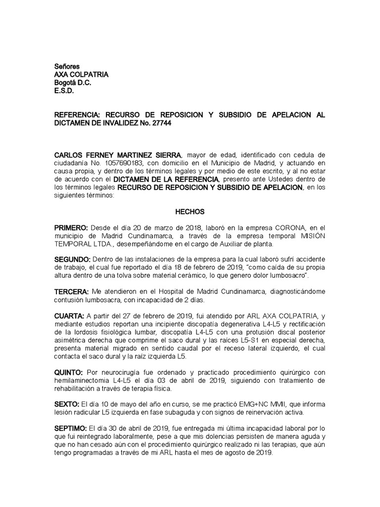 Recurso Apelación Por Dictamen Laboral | PDF | Invalidez | Medicina CLINICA