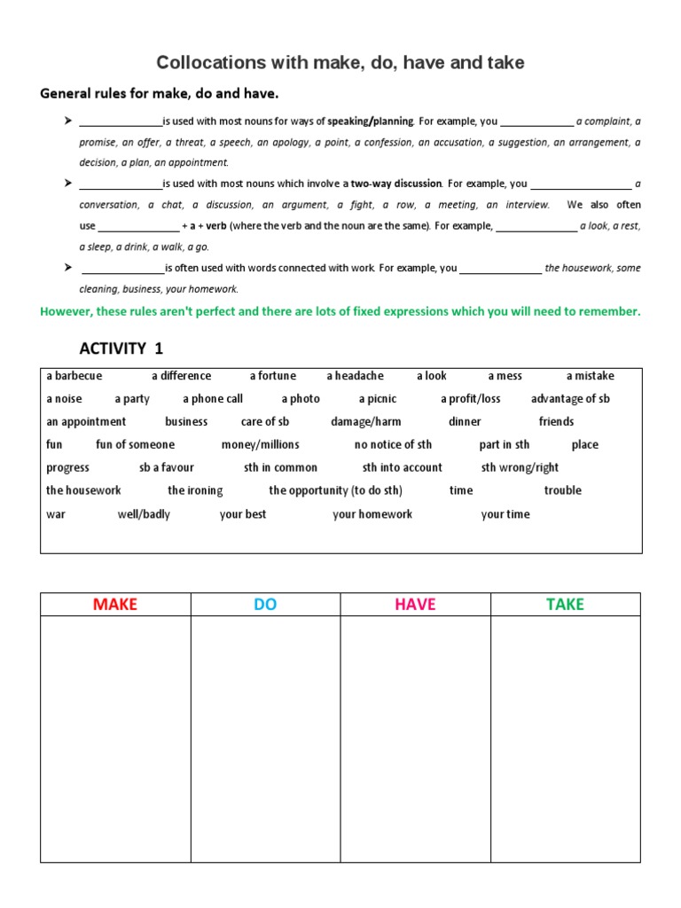 Collocations With Make, Do, Have and Take | PDF