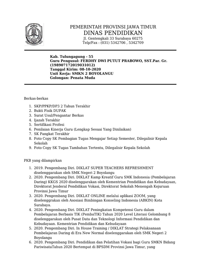 Lampiran - Berkas - 198907172019031012 - Ferdhy Dwi Putut Prabowo, SST - Par. Gr. - 08102020 | PDF