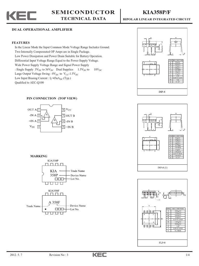 Semiconductor KIA358P/F: Technical Data | PDF | Operational Amplifier | Amplifier