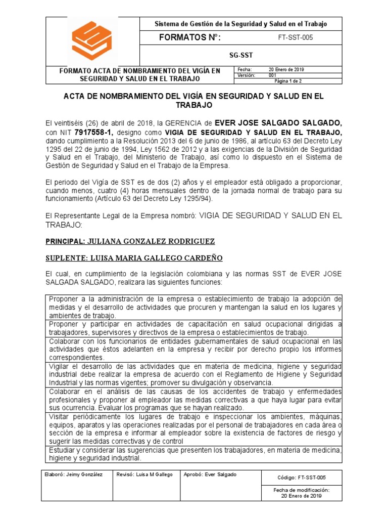 FT-SST-005 Formato Acta de Nombramiento Del Vigia en Seguridad y Salud en El Trabajo | PDF ...