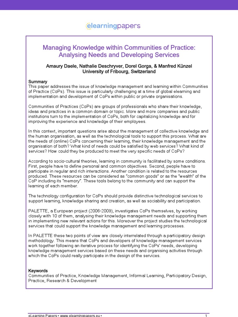 Managing Knowledge Within Communities of Practice: Analysing Needs and ...