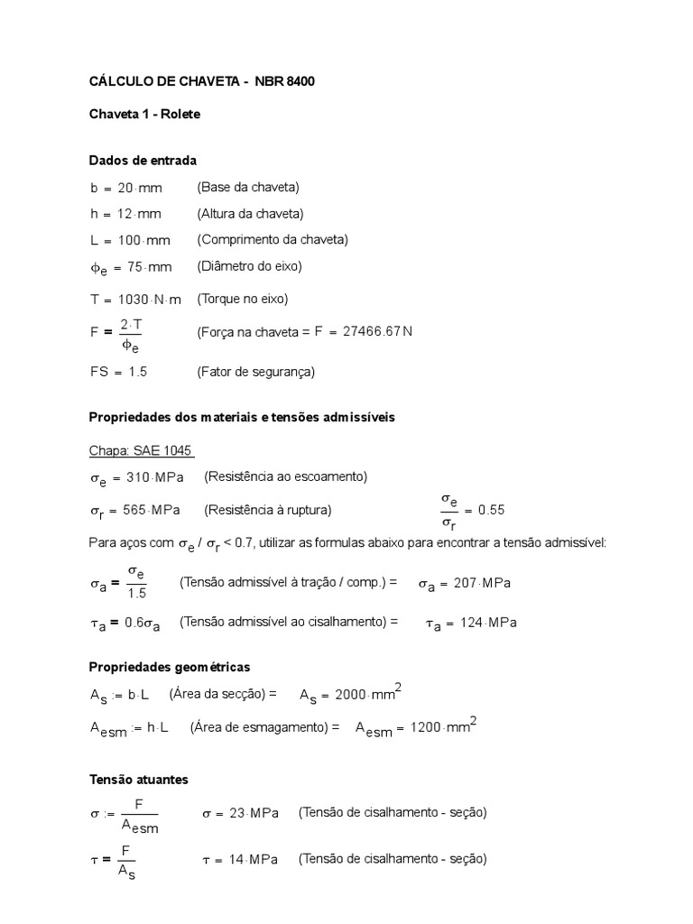 Cálculo CHAVETA | PDF | Estresse (Mecânica) | Mecânica dos sólidos