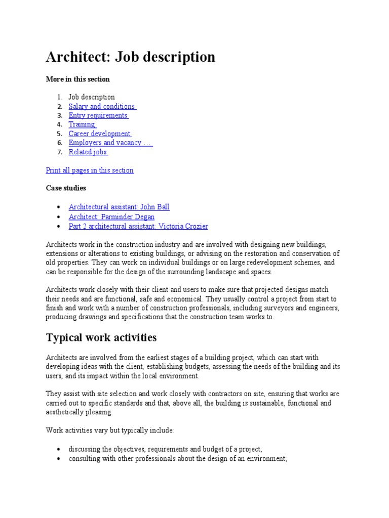 Architect: Job Description: Typical Work Activities | PDF | Architect ...