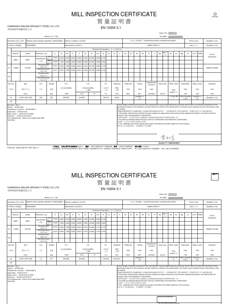 Mill Inspection Certificate 質 量 証 明 書: Changshu Walsin Specialty Steel ...