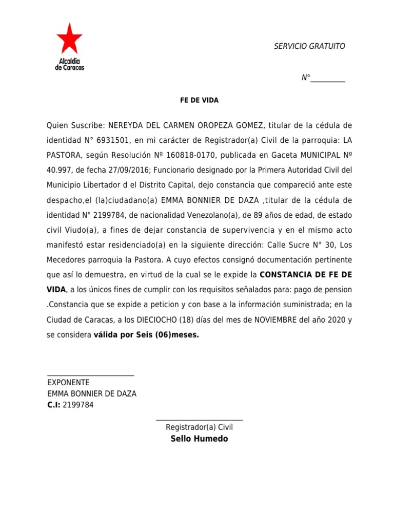 Modelo de Certificado de Fe de Vida | PDF