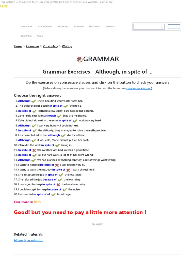 Grammar Exercise - Although, in Spite of .. | PDF | English Language ...