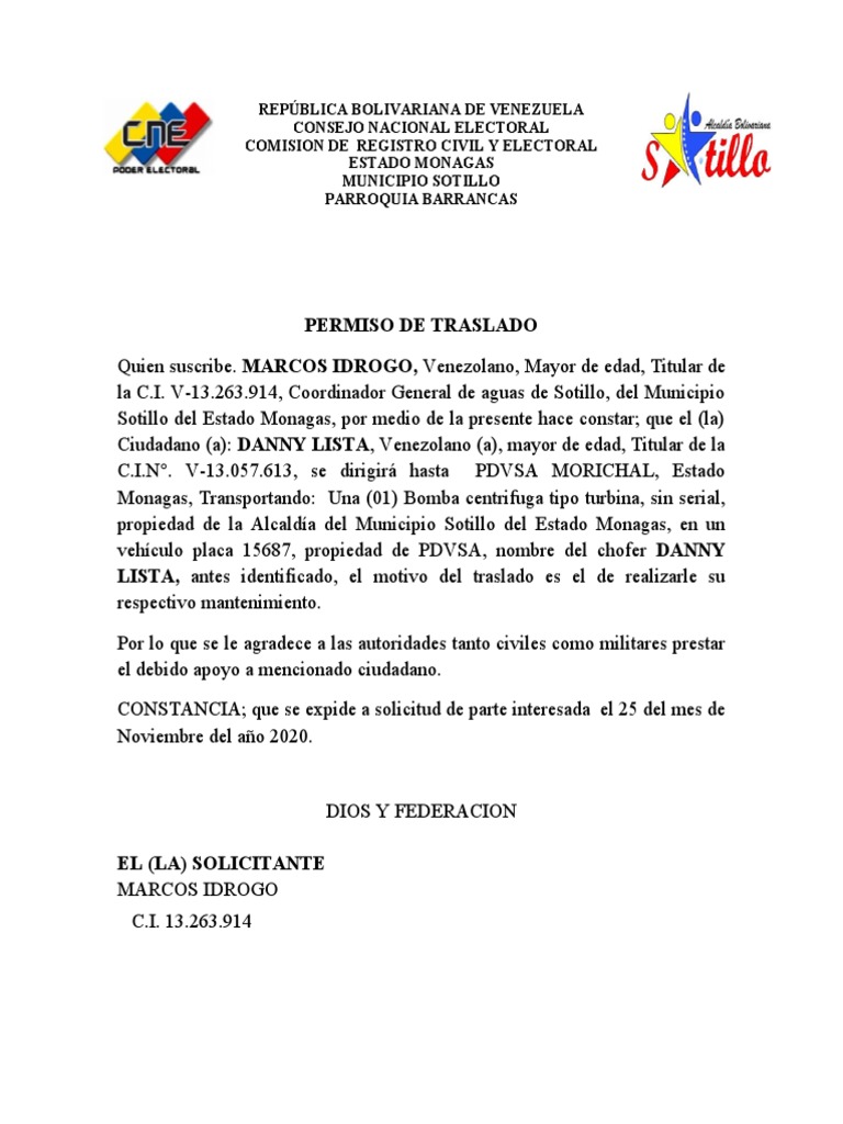 Permiso de Mudanza Formato Blanco | PDF