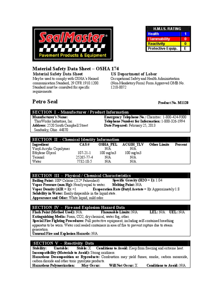 Petro Seal: Material Safety Data Sheet - OSHA 174 | PDF | Breathing | Nausea