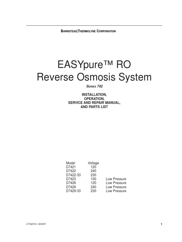 Easypure™ Ro Reverse Osmosis System: Installation, Operation, Service ...