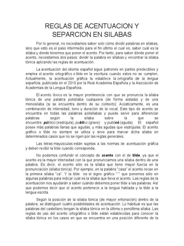 Reglas de Acentuacion y Separcion en Silabas | PDF | Estrés ...