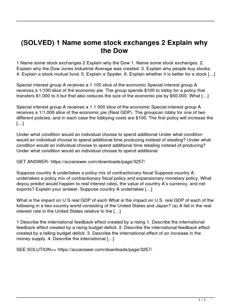 Solved 1 Name Some Stock Exchanges 2 Explain Why The Dow | PDF ...