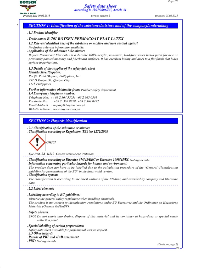 B-701 Boysen Permacoat Flat Latex2 | PDF | Dangerous Goods | Safety