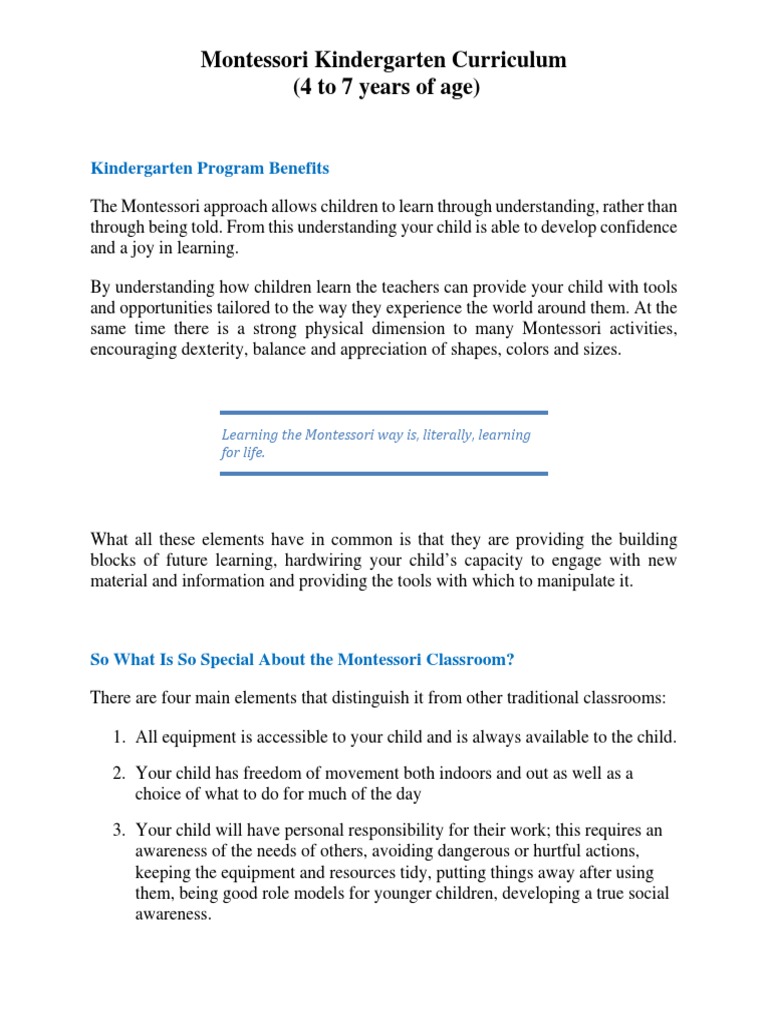 Montessori Kindergarten Curriculum (4 To 7 Years of Age) | Download ...