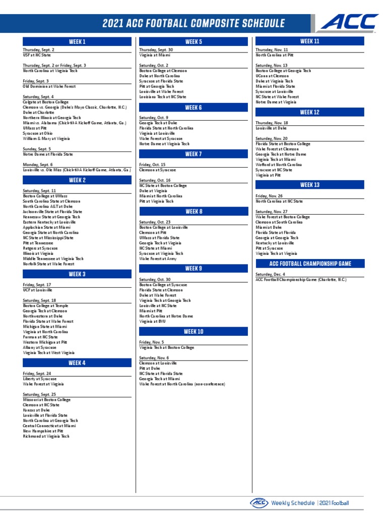 2021 ACC Football Schedule | PDF | Atlantic Coast Conference | Ncaa ...