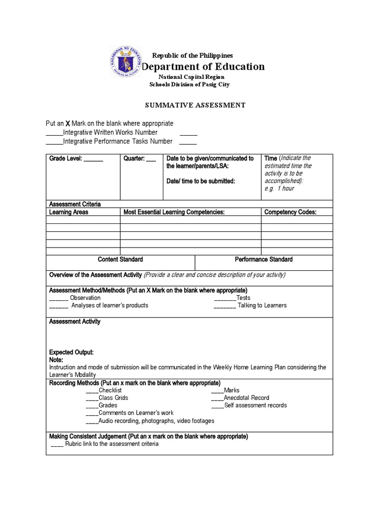 Template Integrative Assessment Example Blank Form | PDF | Rubric ...