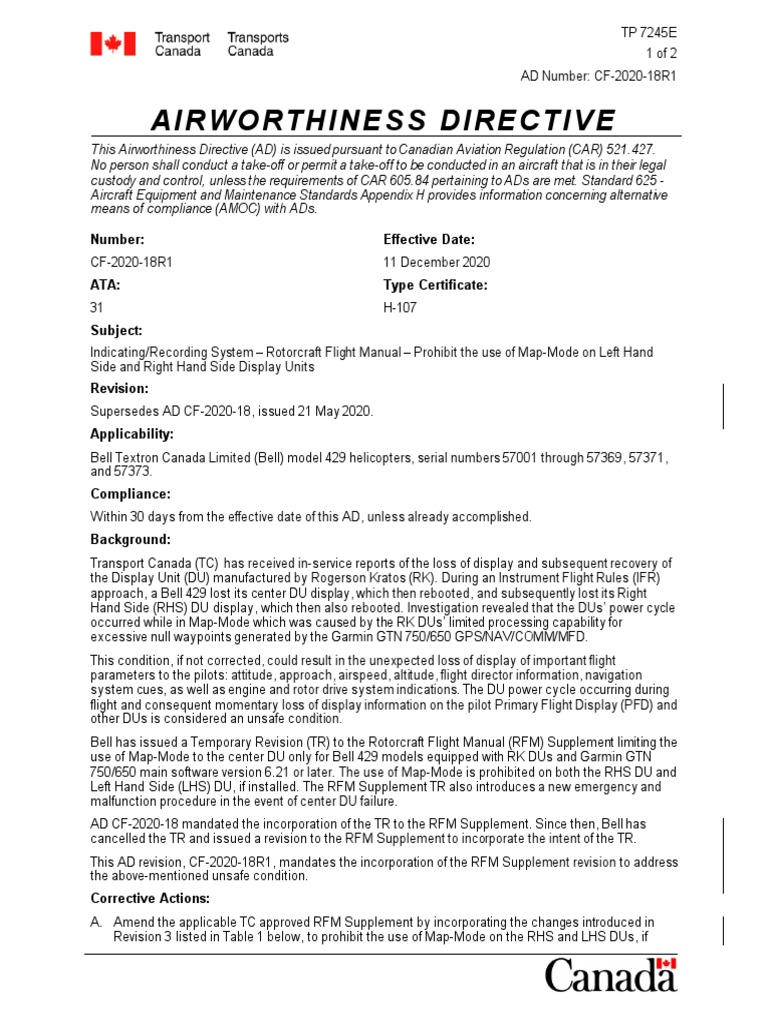 Airworthiness Directive: Number: Ata: Effective Date: Type Certificate ...