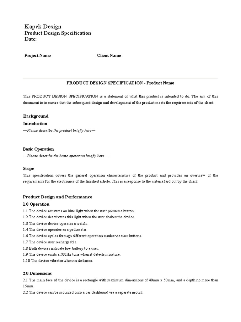 Kapek Design: Product Design Specification Date | PDF | Electronics ...