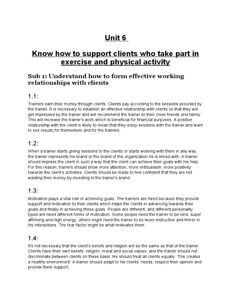Unit 6 Know How To Support Clients Who Take Part in Exercise and ...