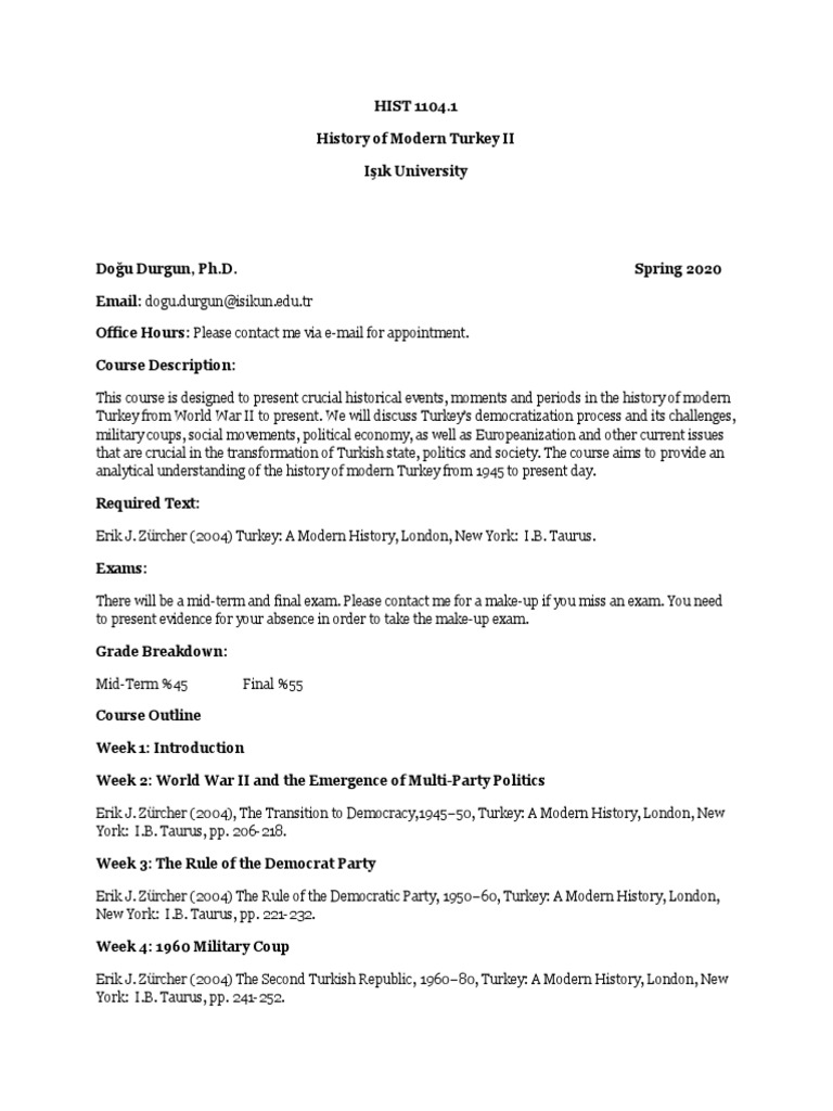 HIST 1104.1-History of Modern Turkey II-Syllabus | PDF | Turkey | Political Theories